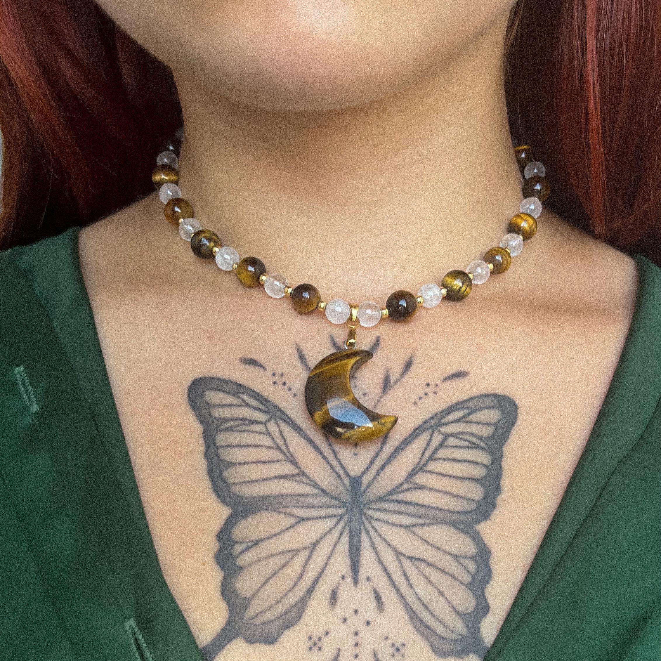 Luna - Collier ras de cou en perles de pierre naturelle et pendentif l ...